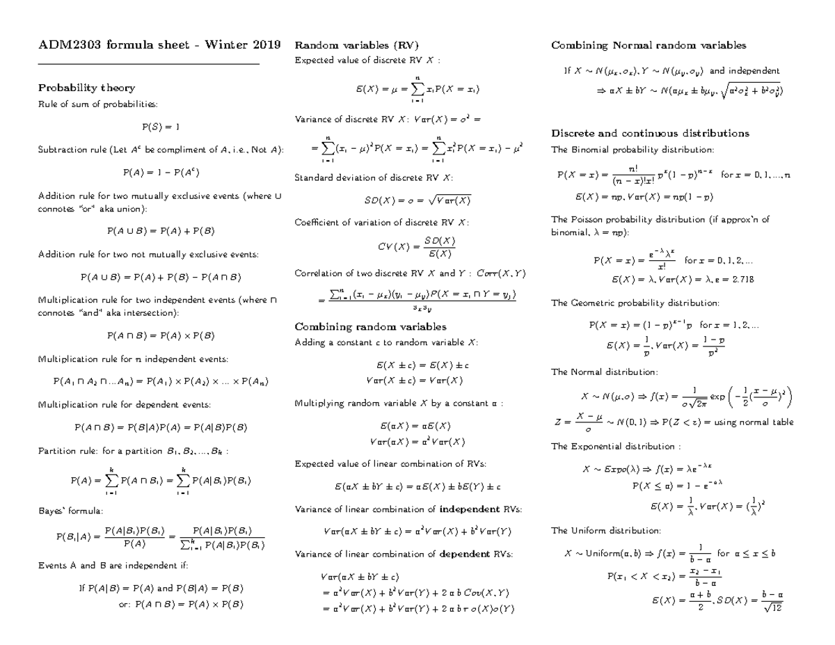 Cheat Sheetv 7 - ADM2303 formula sheet - Winter 2019 Probability theory ...