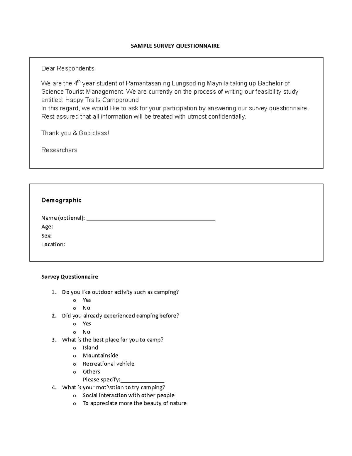Survey Questionnaire - SAMPLE SURVEY QUESTIONNAIRE Dear Respondents, We ...