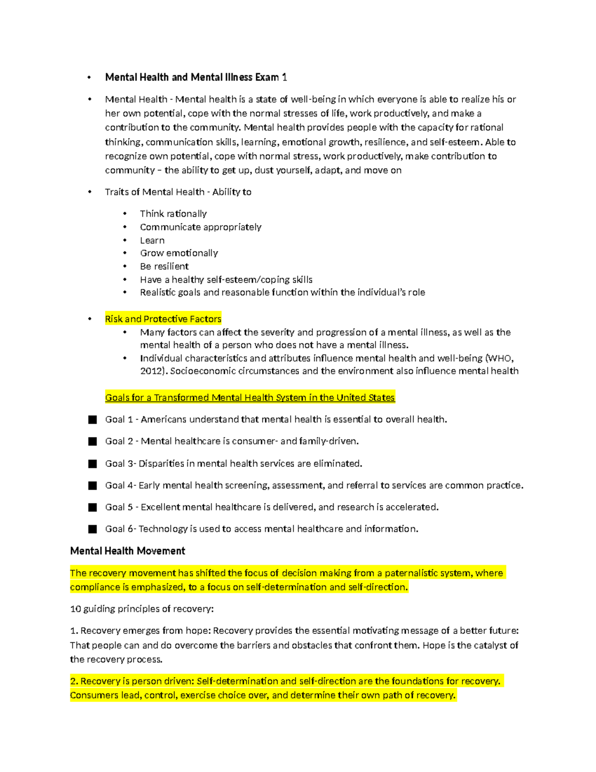Exam 1 Review - Study guide - Mental Health and Mental Illness Exam 1 ...