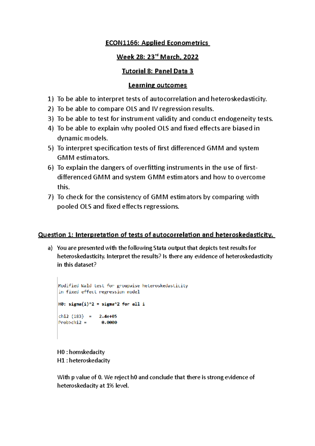 Tutorial 8-Panel Data 3 - ECON1166: Applied Econometrics Week 28: 23 rd March, 2022 Tutorial 8 ...