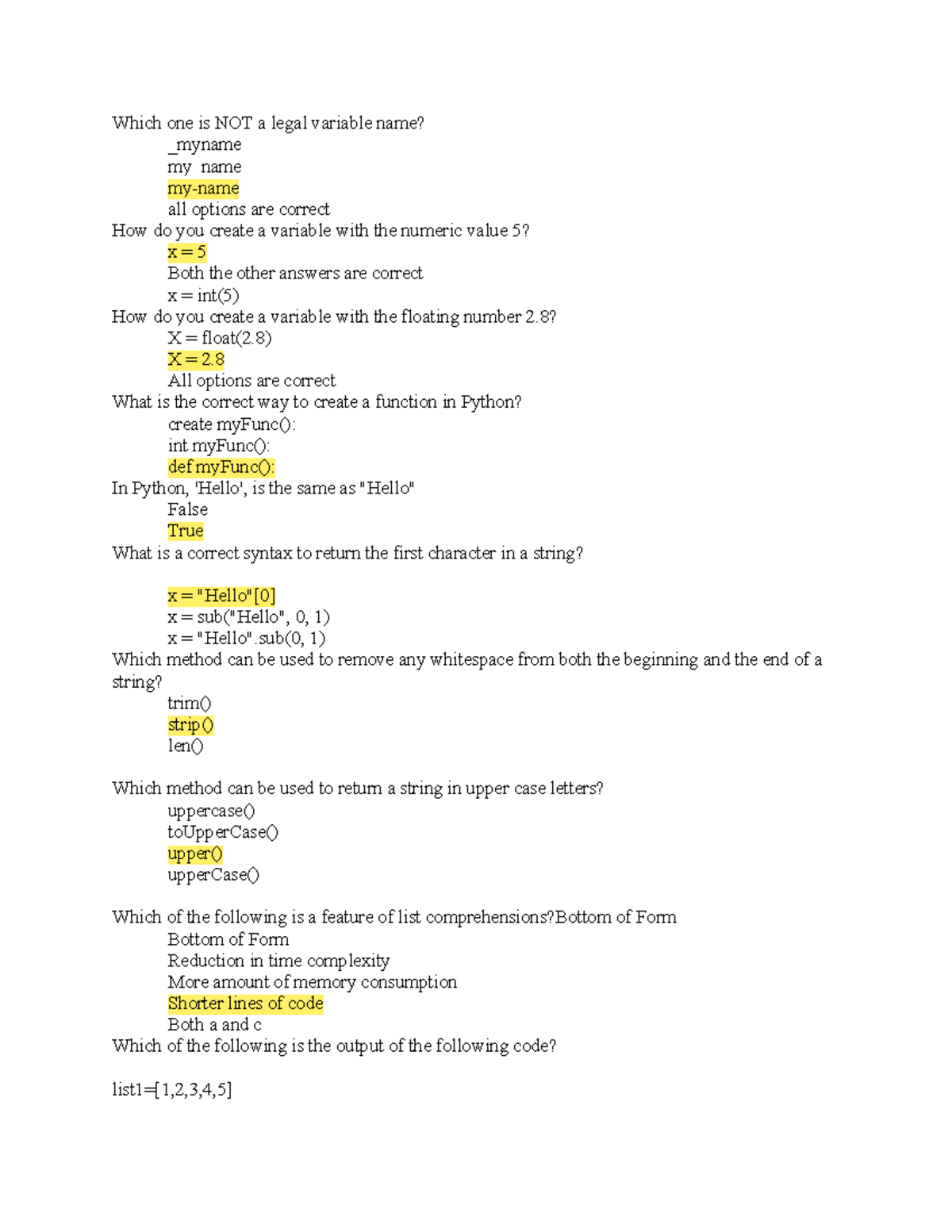 Sample python - Which one is NOT a legal variable name? _myname my_name my-name all options are ...