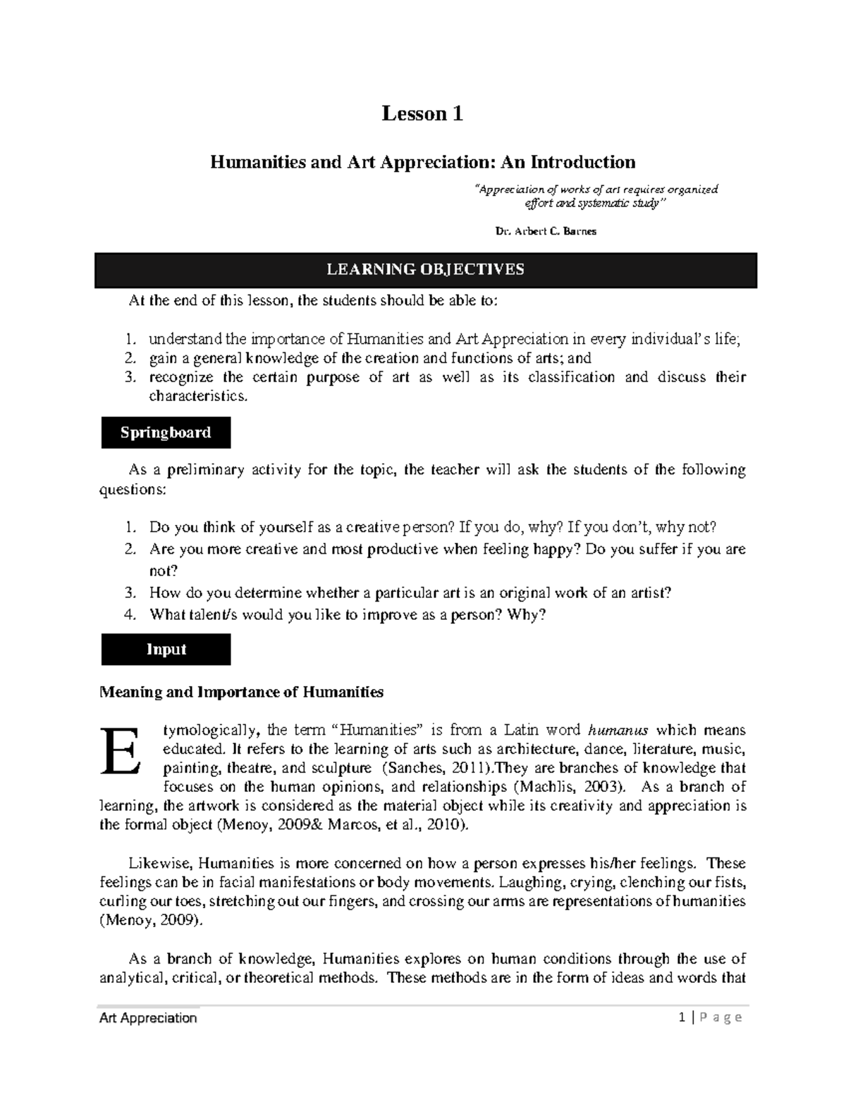 Chapter 1 - Introduction to Art Appreciation - Lesson 1 Humanities and ...