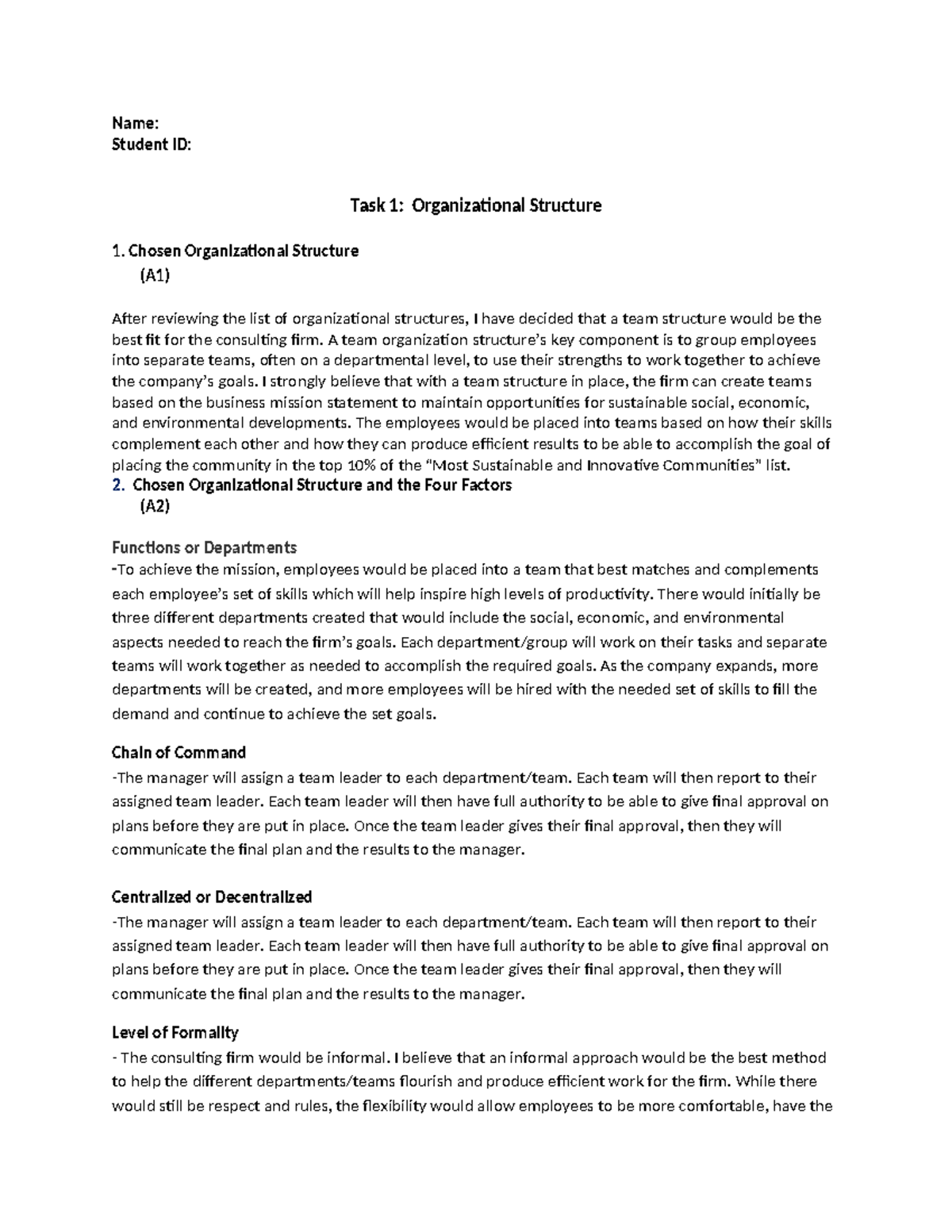 D078 Task 1 Passed - Name: Student ID: Task 1: Organizational Structure ...