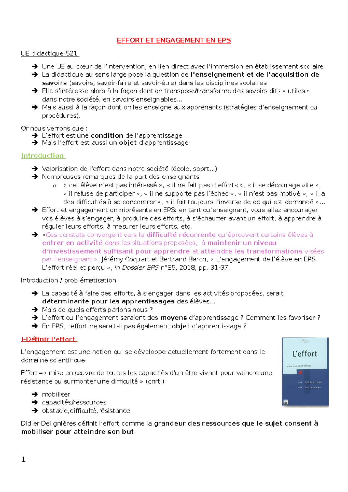 Effort ET Engagement EN EPS - EFFORT ET ENGAGEMENT EN EPS UE didactique 521 Une UE au cœur de ...