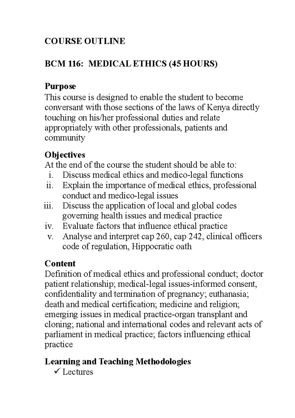 A BCM 116 Course Outline - COURSE OUTLINE BCM 116: MEDICAL ETHICS (45 ...