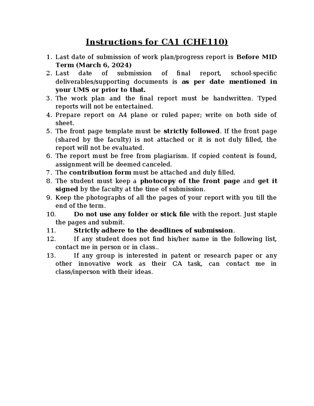 CA1Instructions 2024 - Instructions for CA1 (CHE110) 1. Last date of submission of work - Studocu