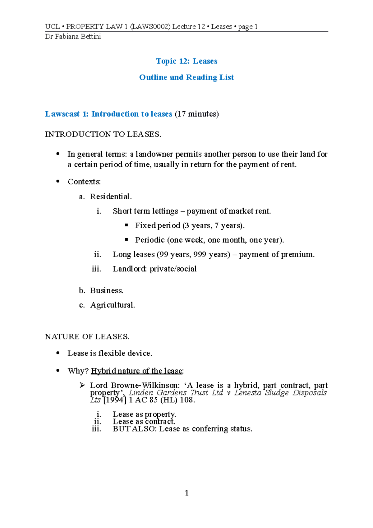 Leases outline - Dr Fabiana Bettini Topic 12: Leases Outline and ...