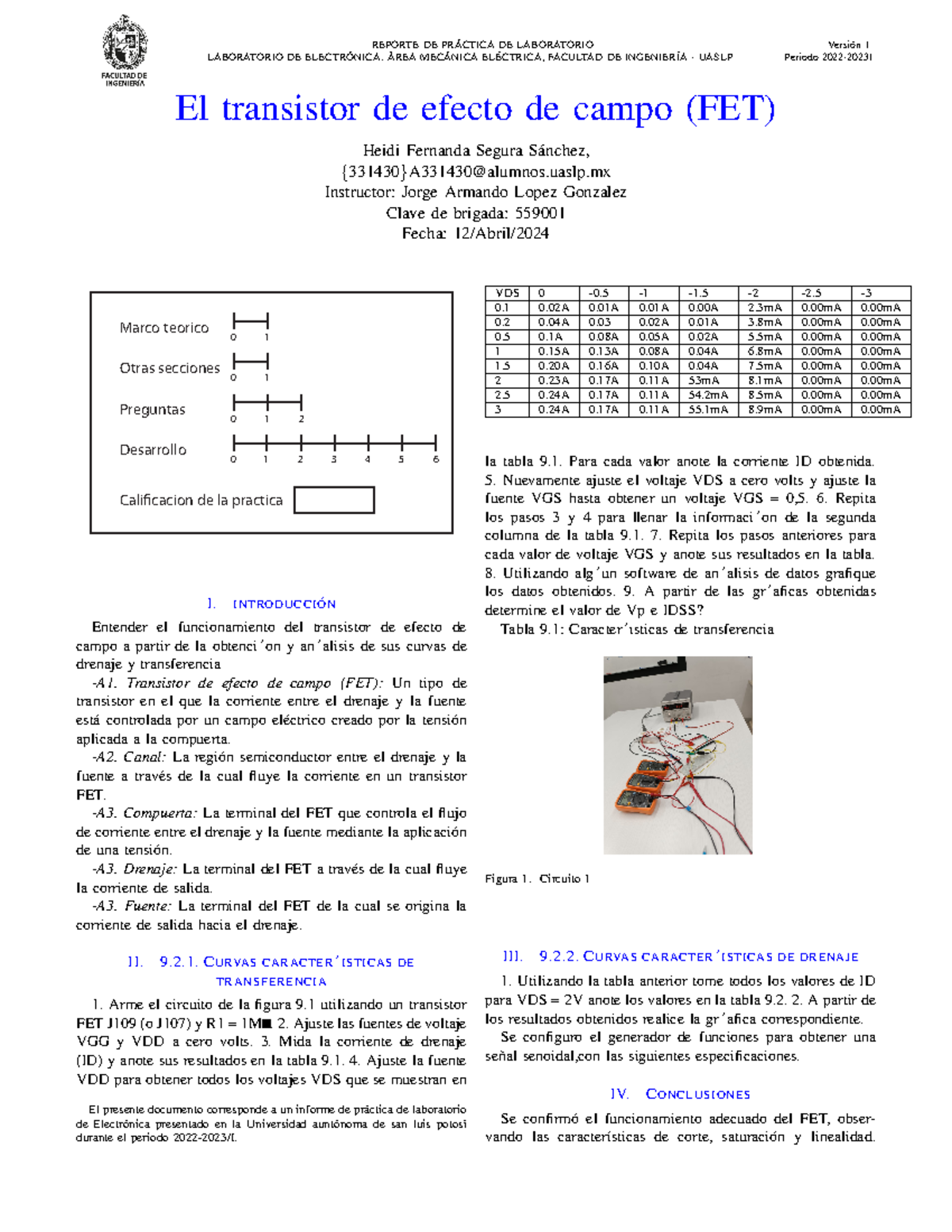 Práctica 9-El Transistor De Efecto De Campo (FET) - REPORTE DE PR ́ACTICA DE LABORATORIO Versi ...
