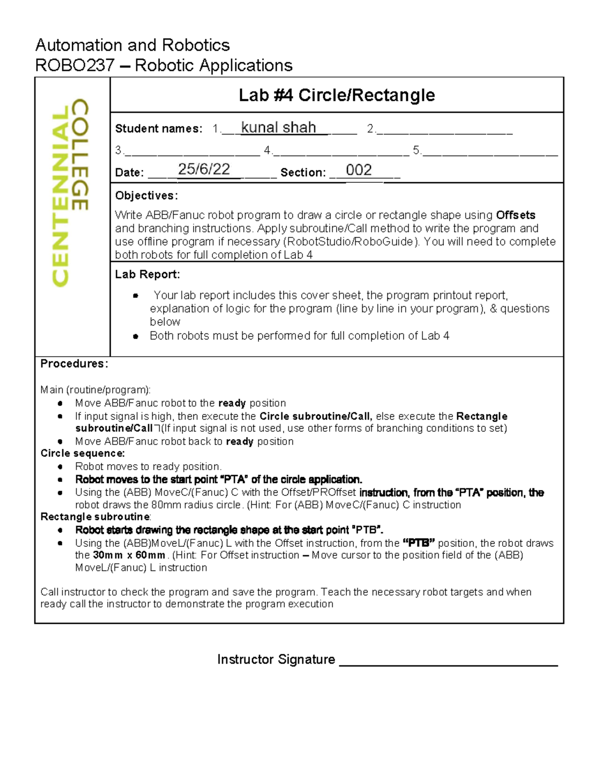 Lab4 - Lab4 practical report robo237 - Automation and Robotics ROBO237 ...