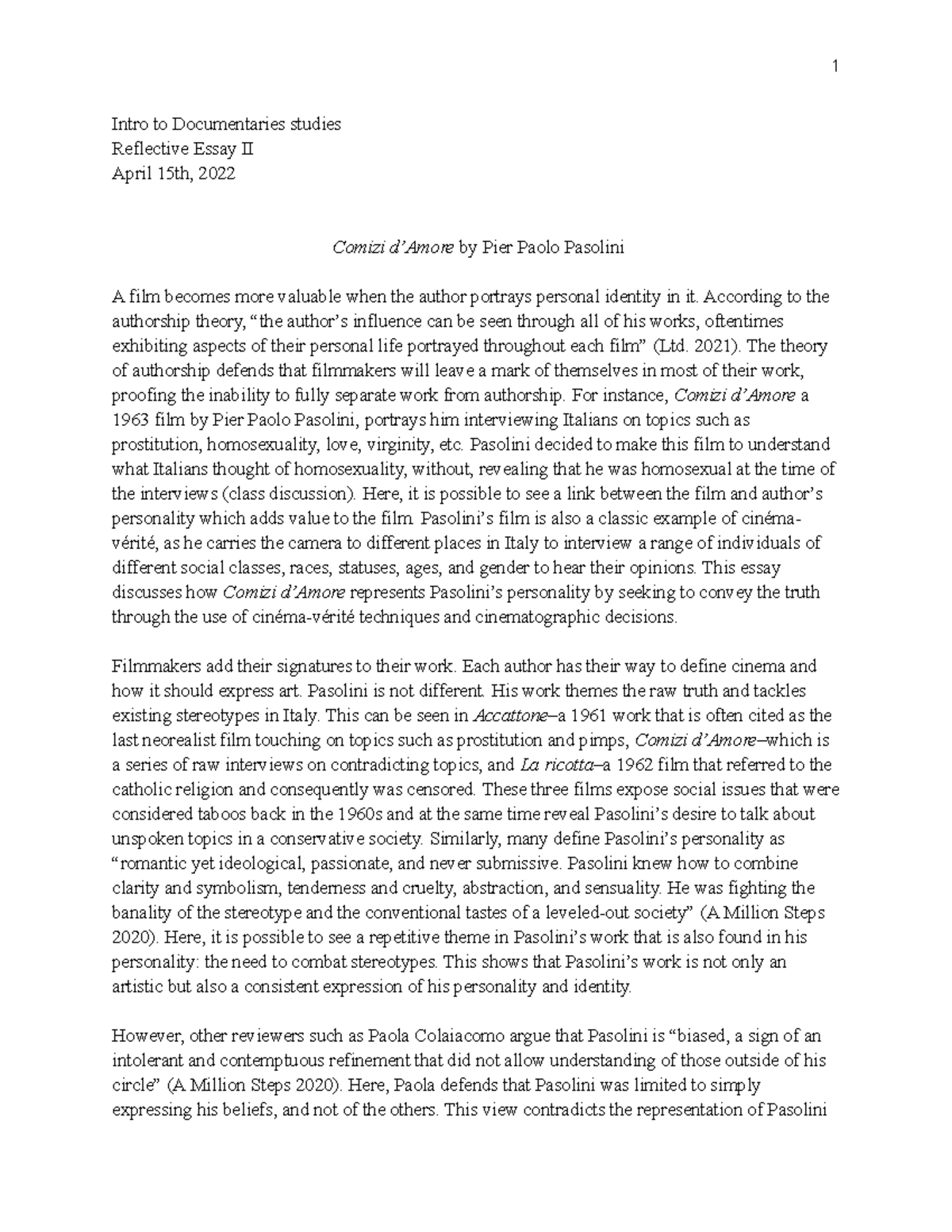 Documentary Studies - Intro to Documentaries studies Reflective Essay ...