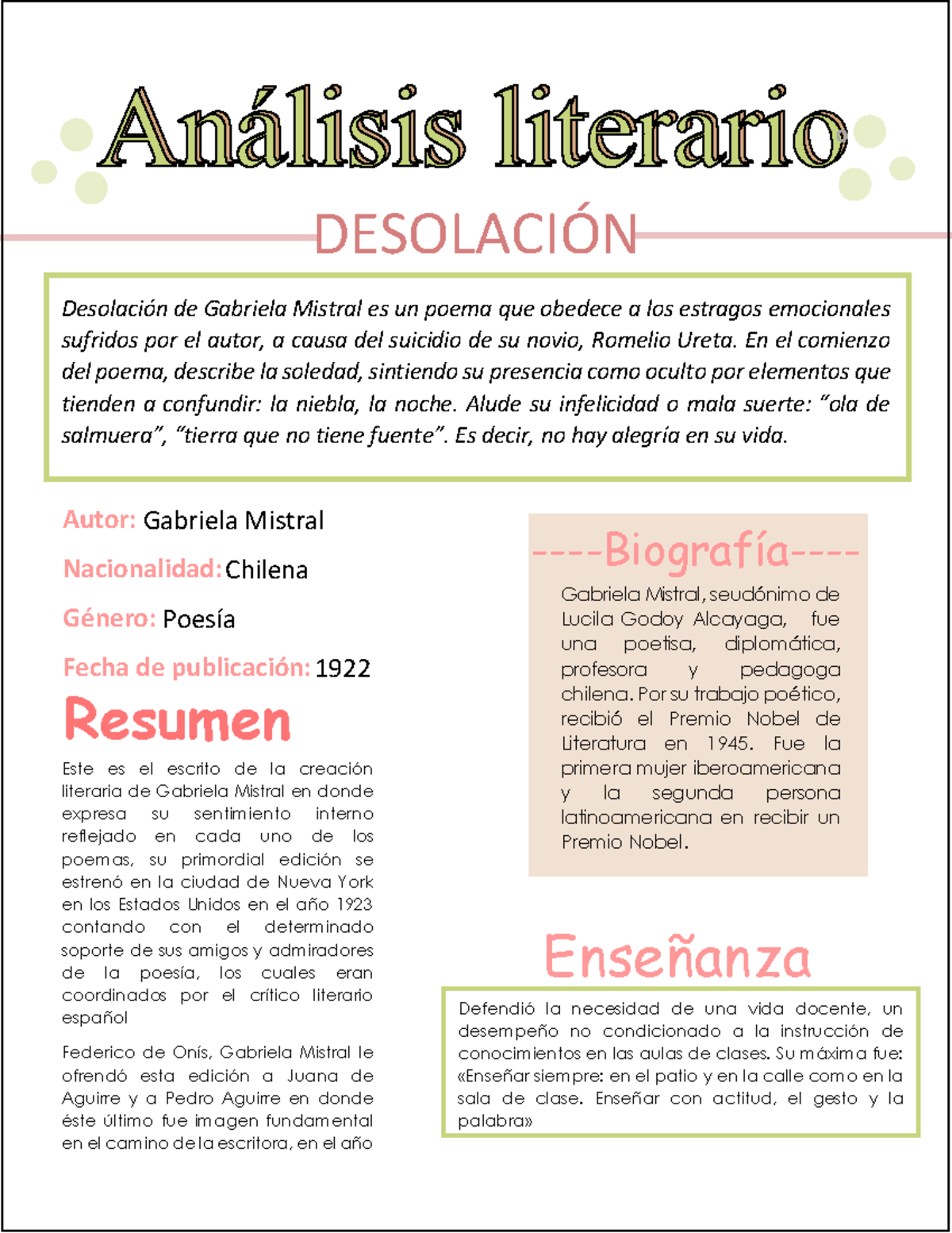 Literatura (4) - ,.... - DESOLACIÓN Desolación de Gabriela Mistral es ...