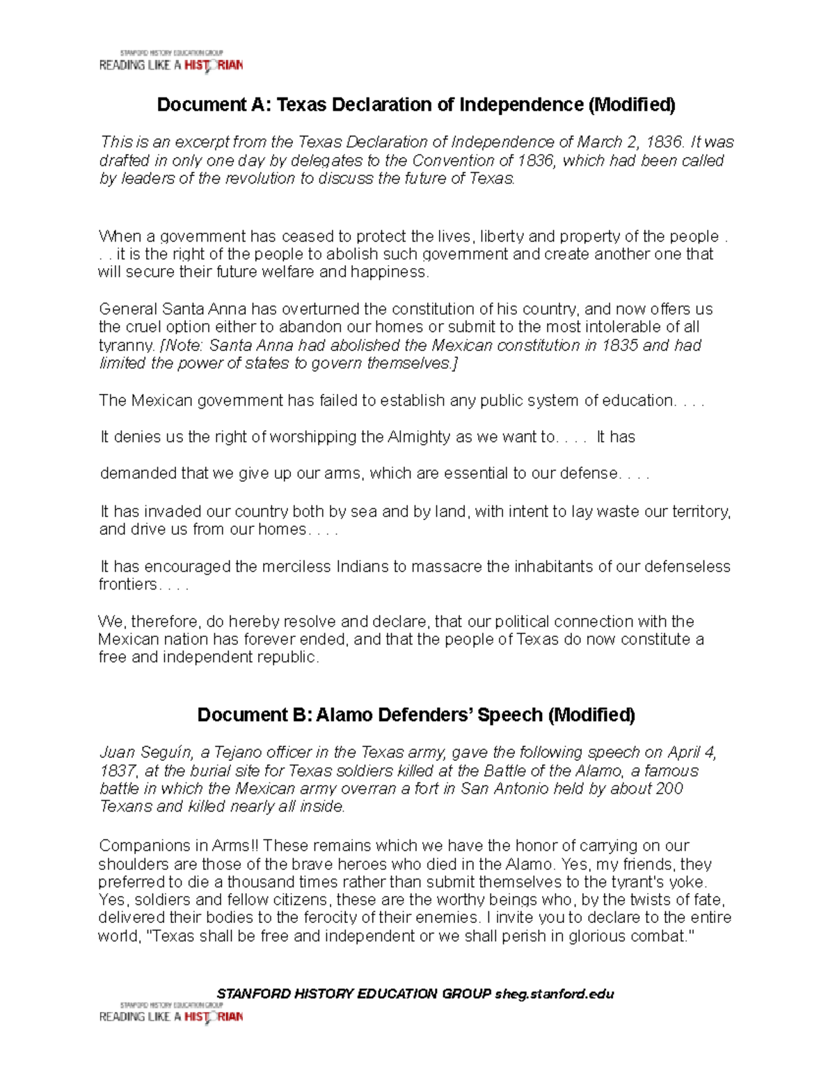 Texas Revolution Student Materials - Document A: Texas Declaration of ...