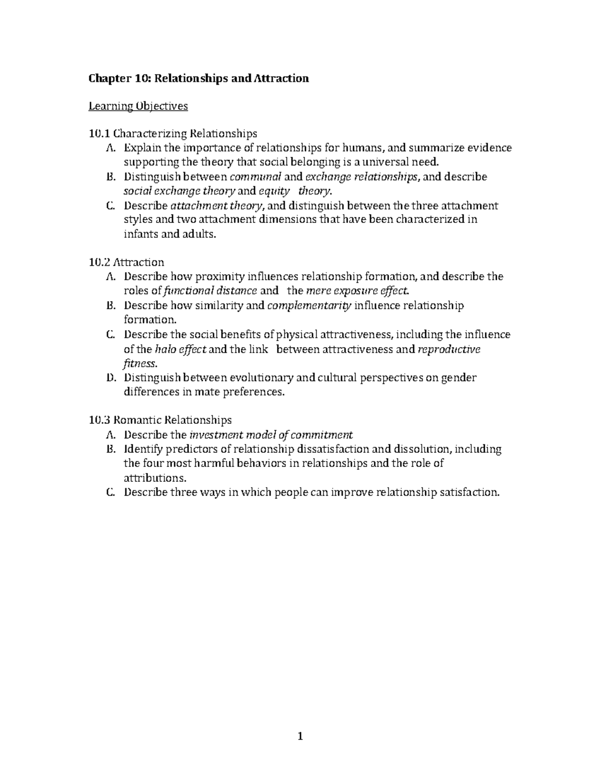 PSYC 3133 Learning Objectives CH 10 - 1 Chapter 10: Relationships and ...