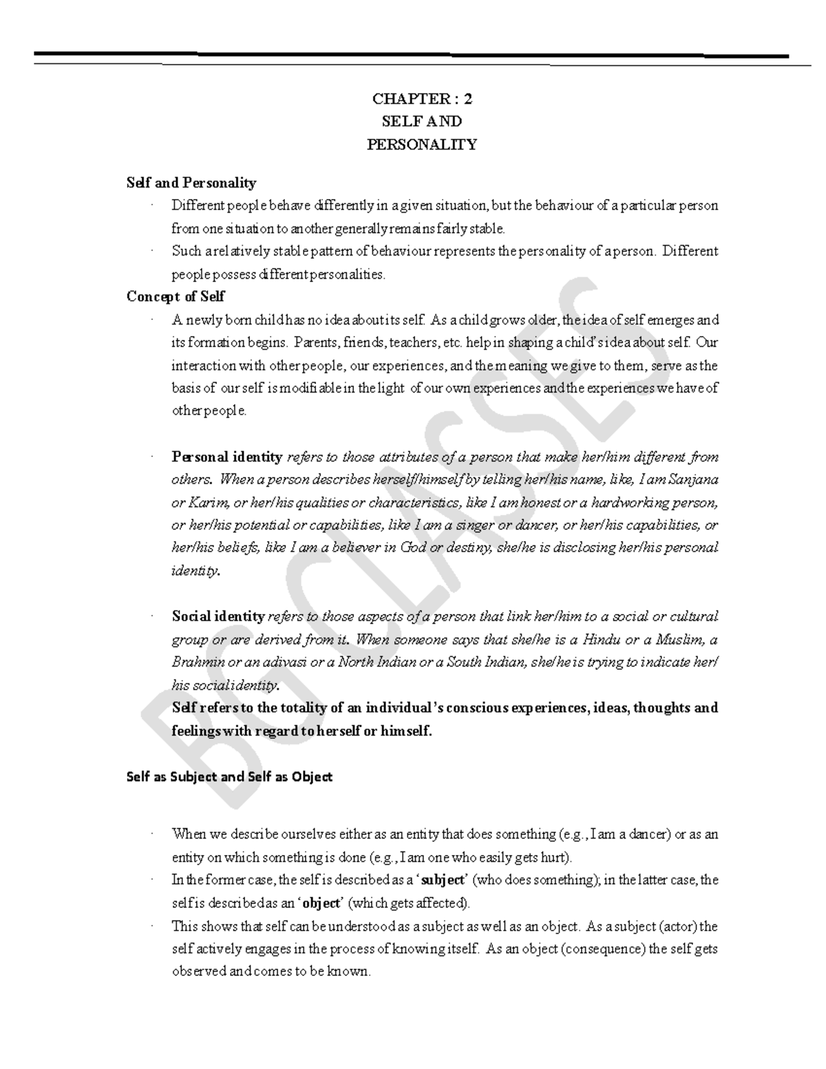class XI and XII - CHAPTER : 2 SELF AND PERSONALITY Self and ...