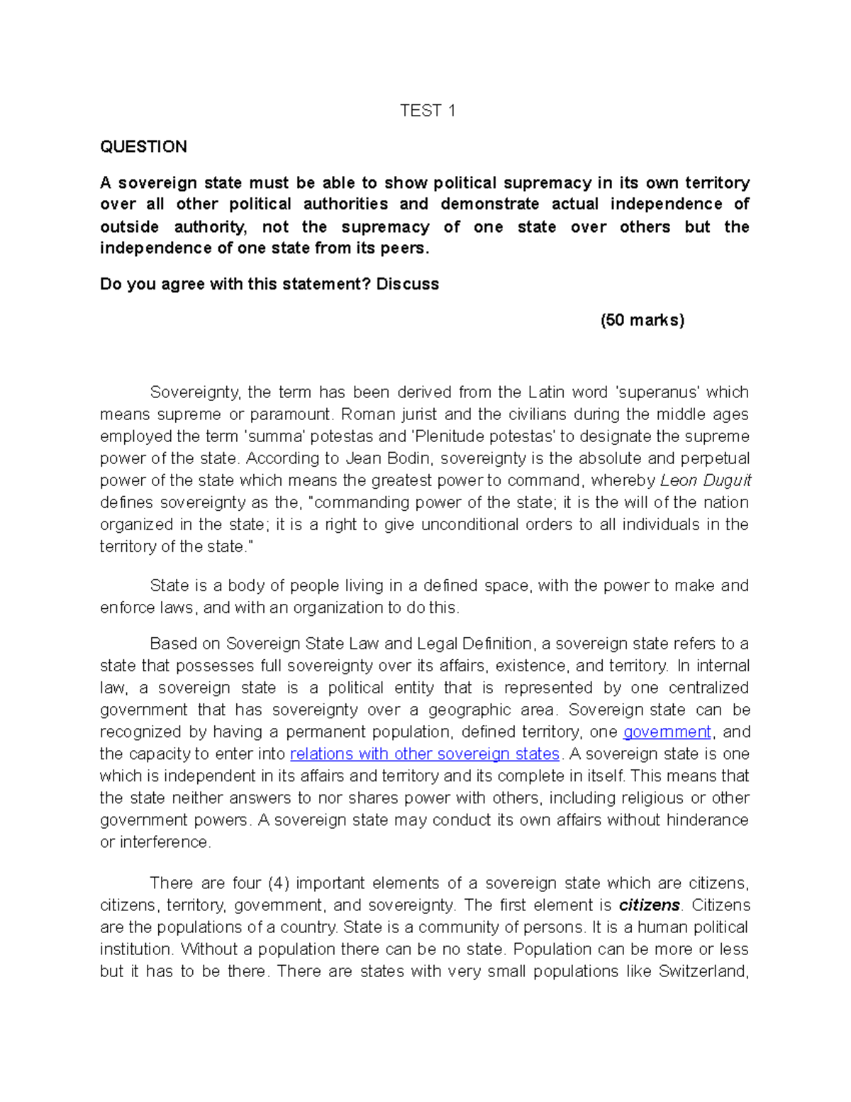 TEST 1 Sovereign State - TEST 1 QUESTION A sovereign state must be able ...