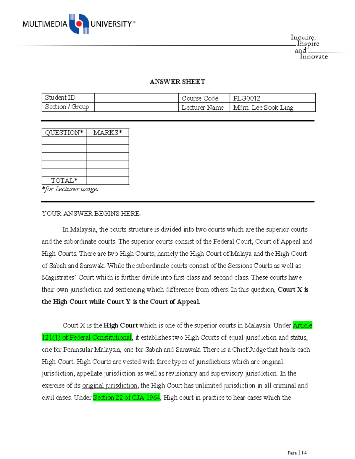 Sample Ans for Midterm - gpol - Student ID Course Code PLG Section ...