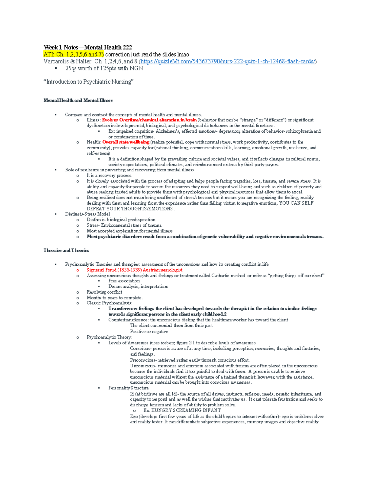 Week 1 Notes - Week 1 Notes—Mental Health 222 ATI: Ch. 1,2,3,5,6 and 7 ...