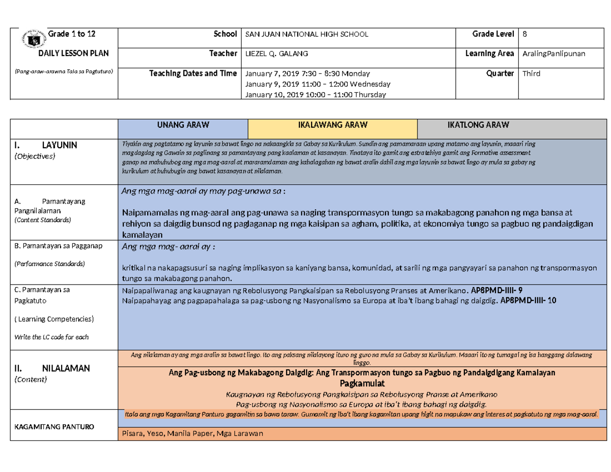 Pdfcoffee - Grade 1 to 12 DAILY LESSON PLAN (Pang-araw-arawna Tala sa Pagtuturo) School SAN JUAN ...
