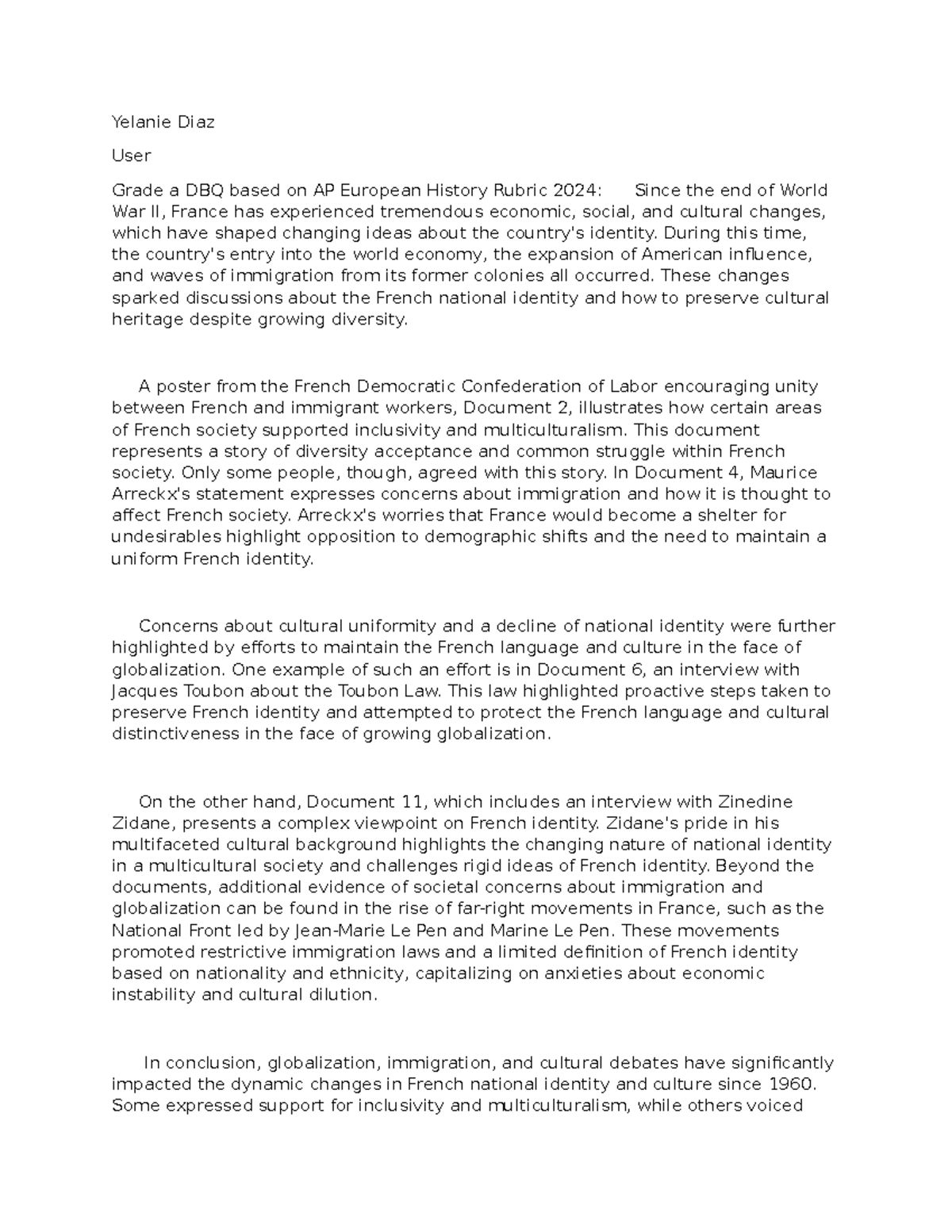 Yelanie Diaz - DBQ - Yelanie Diaz User Grade a DBQ based on AP European ...