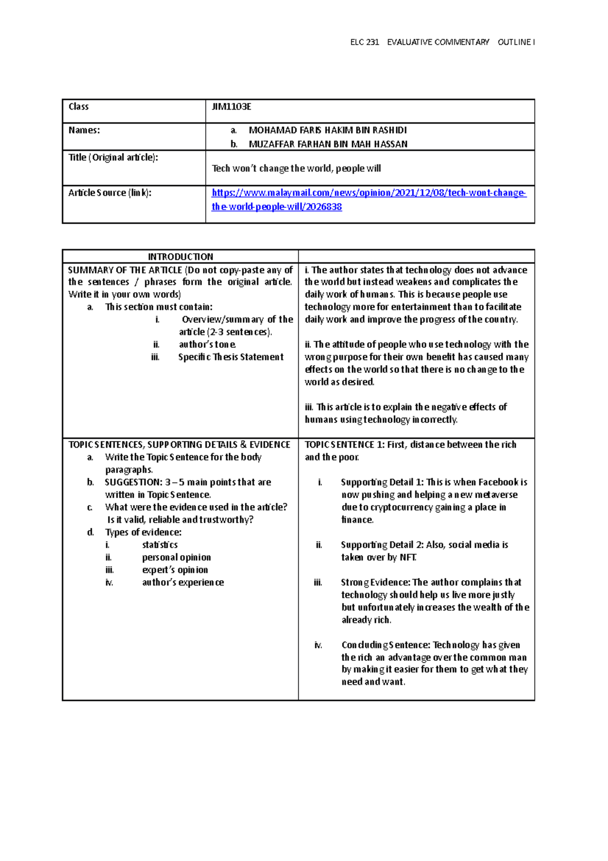 Evaluative Commentary Outline 2022 - ELC 231 EVALUATIVE COMMENTARY ...