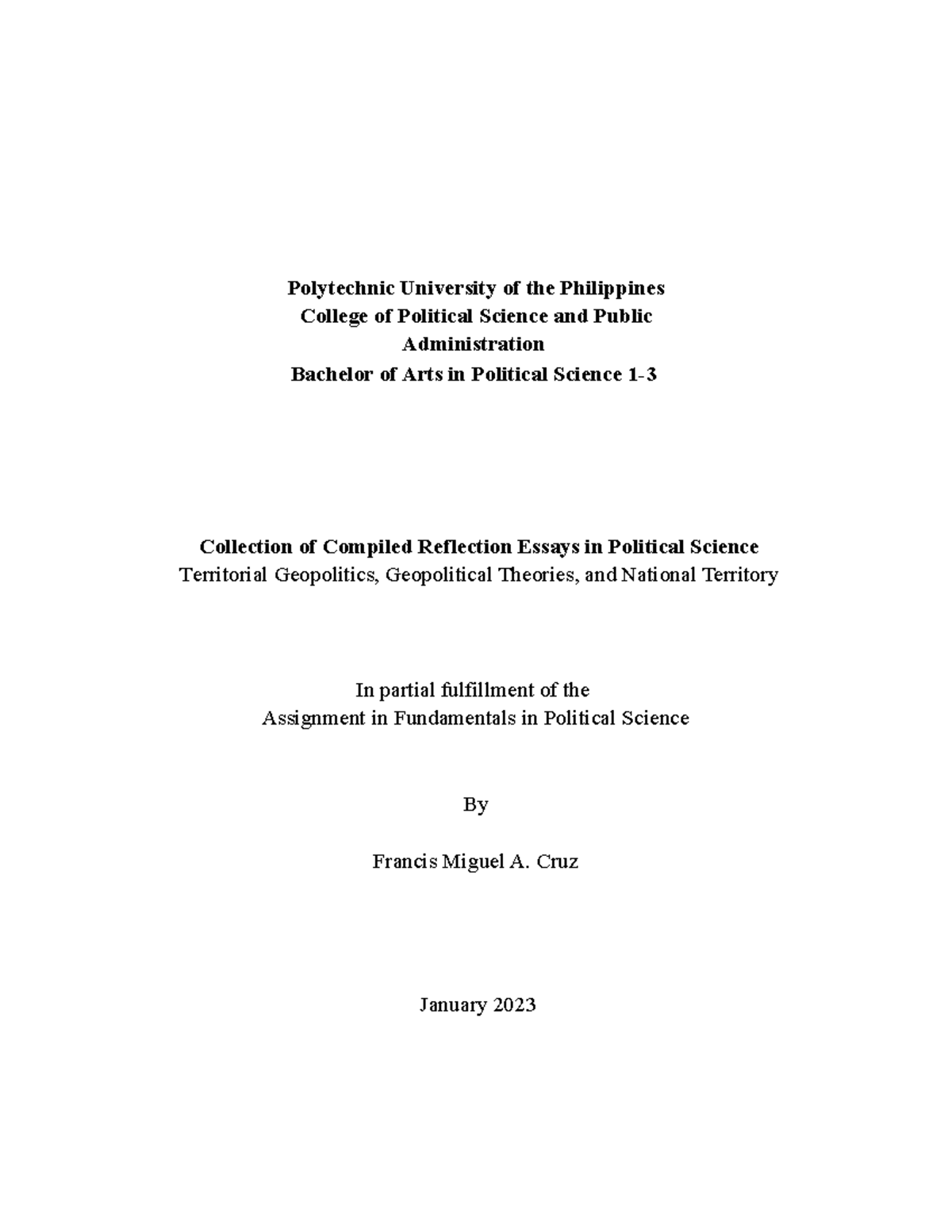 Collection of Compiled Reflection Essays in Political Science ...
