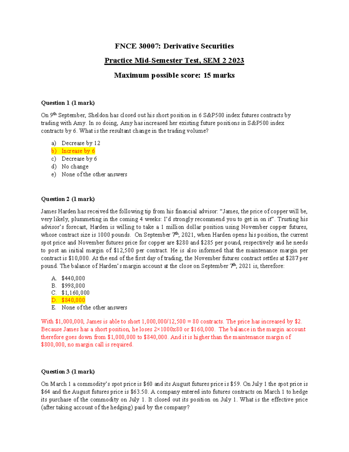 MST practice 2023 with Answers - FNCE 30007: Derivative Securities ...