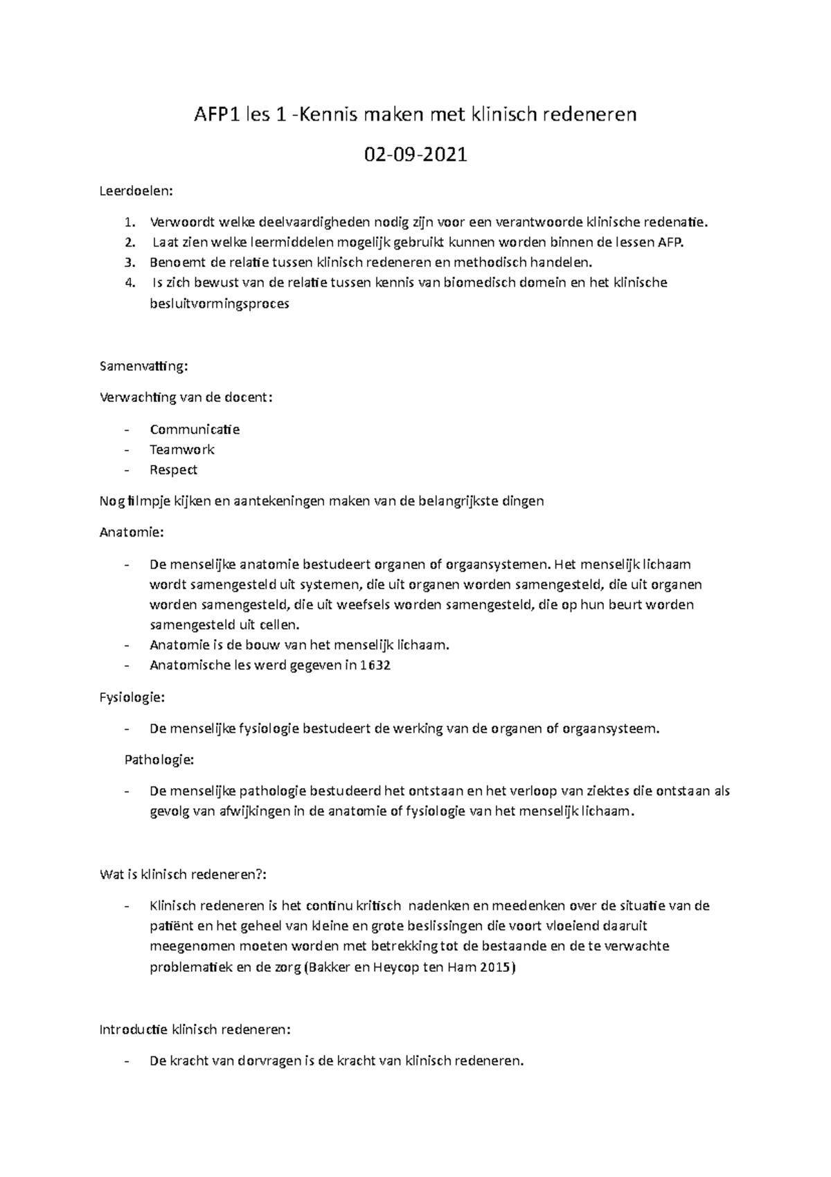 AFP1 les 1 - AFP1 les 1 -Kennis maken met klinisch redeneren 02-09 ...