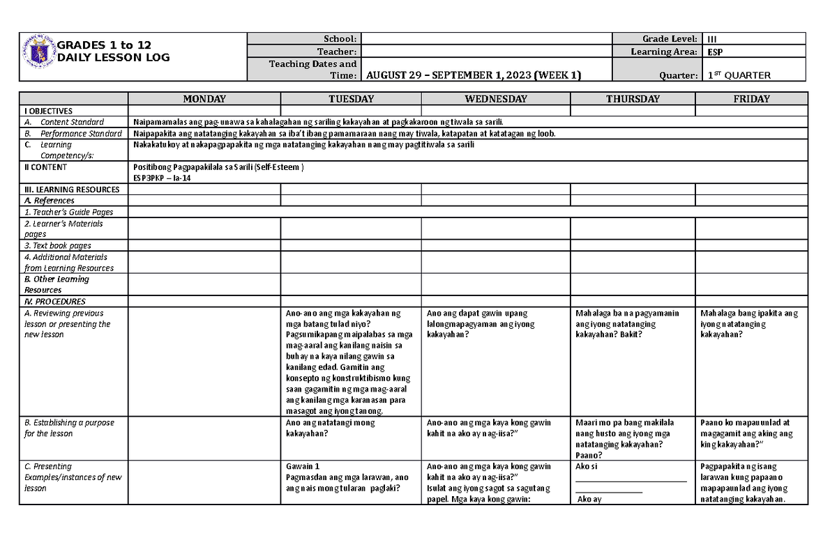 DLL ESP 3 Q1 W1 - Daily Lesson Log - GRADES 1 to 12 DAILY LESSON LOG ...