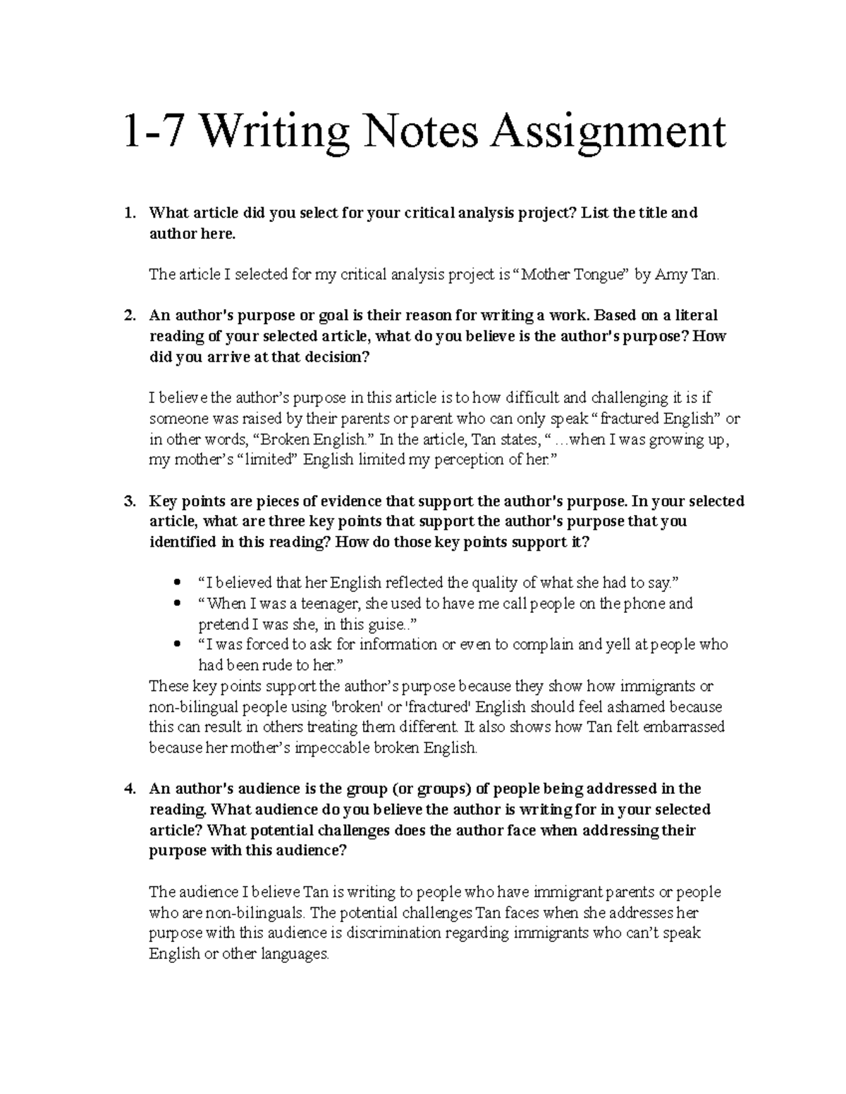 1-7 Assignment Writing Notes - 1-7 Writing Notes Assignment 1. What ...