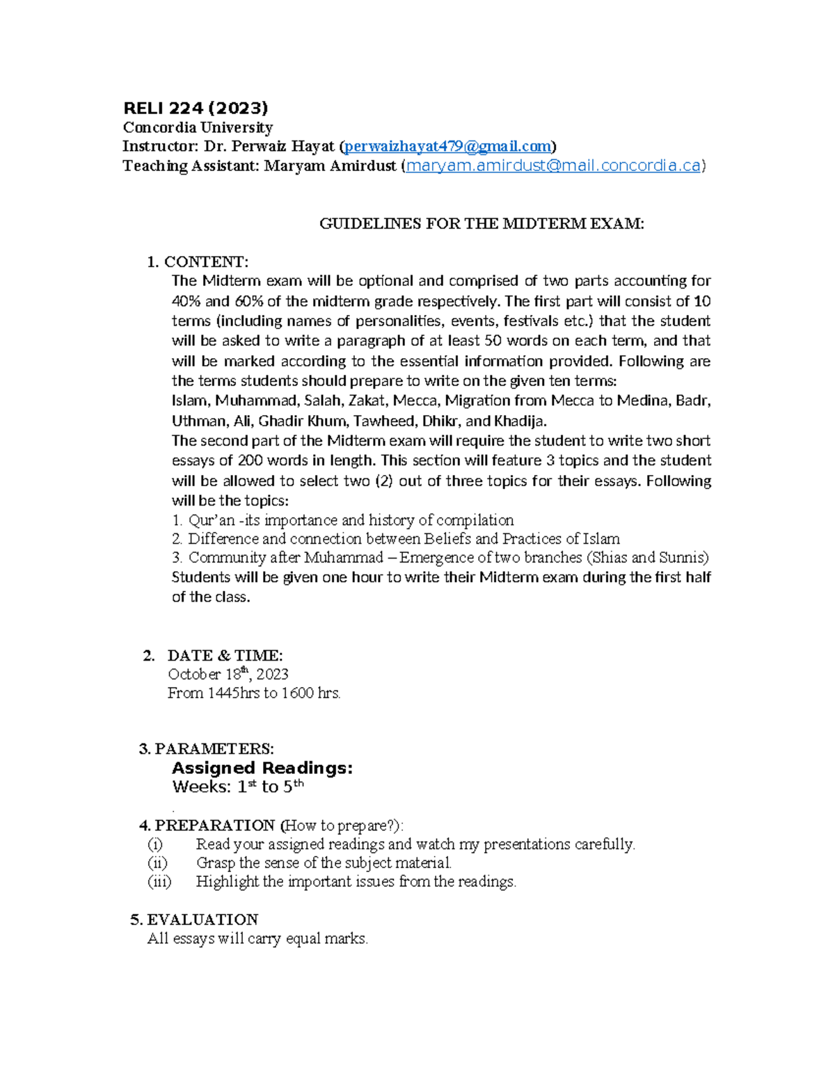 Gl for midterm (224- 23) - RELI 224 (2023) Concordia University Instructor: Dr. Perwaiz Hayat ...