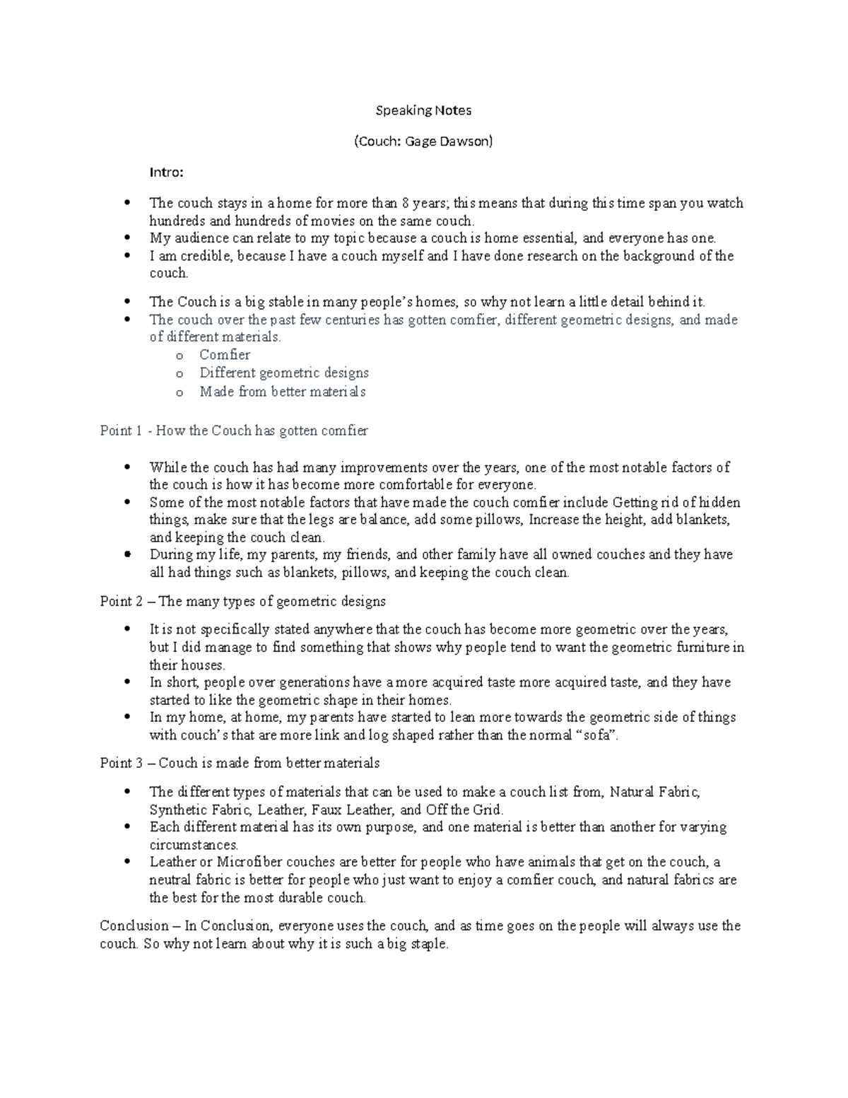 Speaking Notes - Speaking Notes (Couch: Gage Dawson) Intro: The couch ...