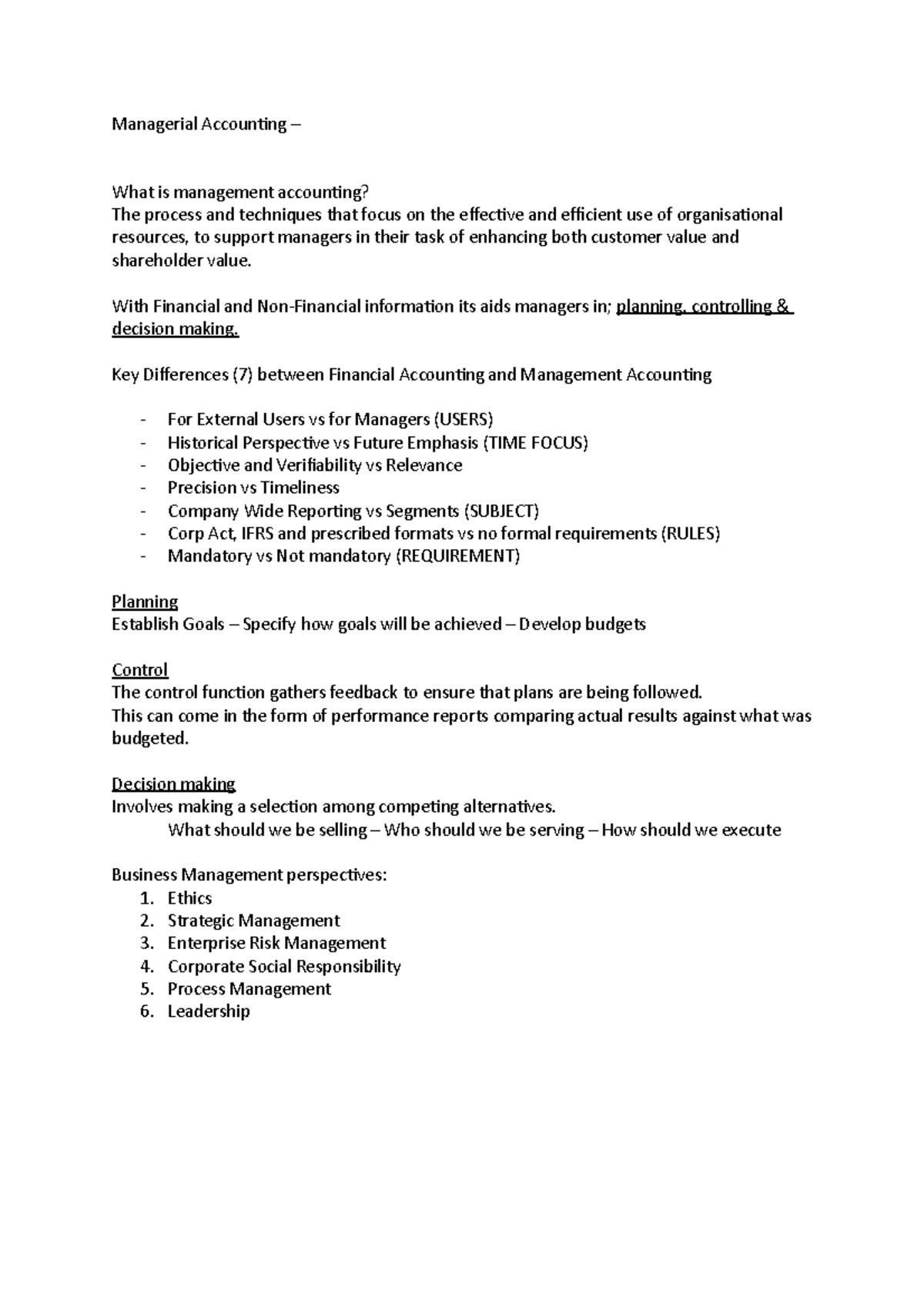 Management Accounting Notes - Topic 1-3 - Managerial Accounting – What ...
