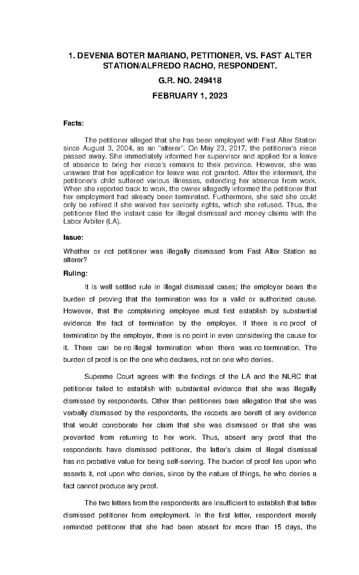 Labor CASE Digest - 1. DEVENIA BOTER MARIANO, PETITIONER, VS. FAST ...