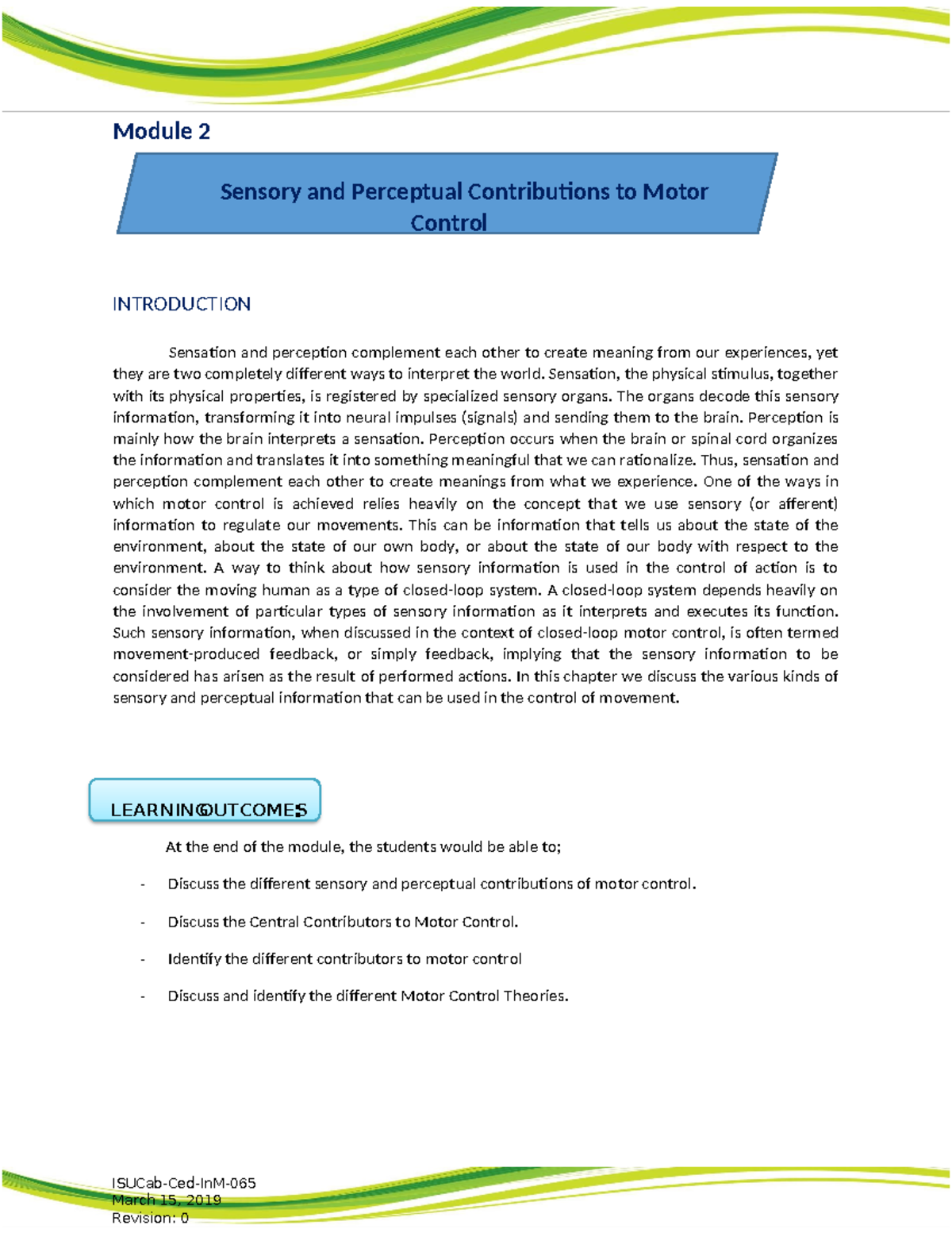 Module-2- Principles-OF- Motor- Control-AND- Learning 122636 - Module 2 INTRODUCTION Sensation ...