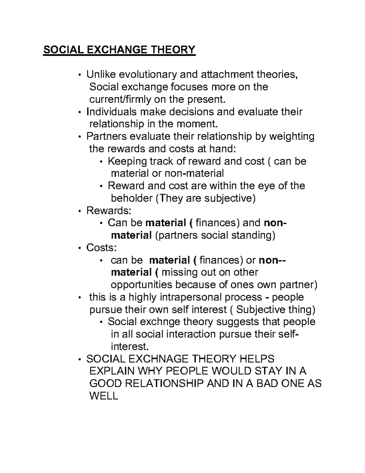 Social Exchange Theory - SOCIAL EXCHANGE THEORY • Unlike evolutionary ...