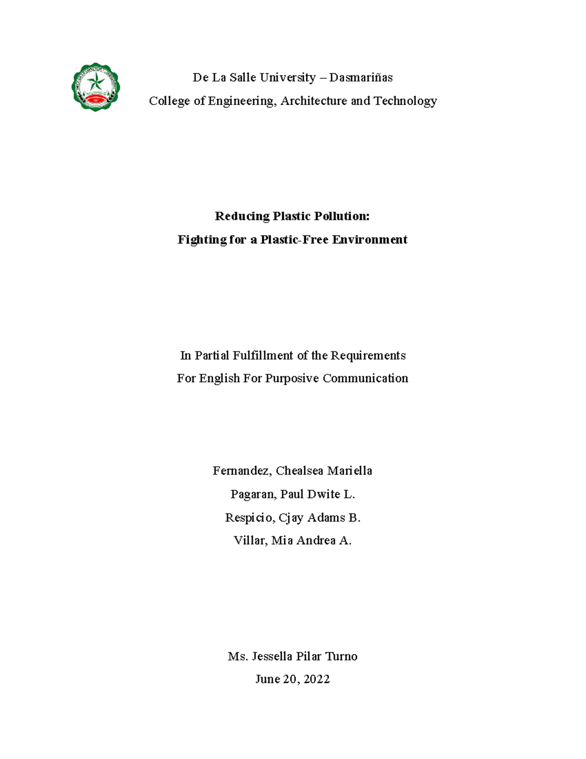 Advocacy Paper MMA13 - De La Salle University – Dasmariñas College of ...