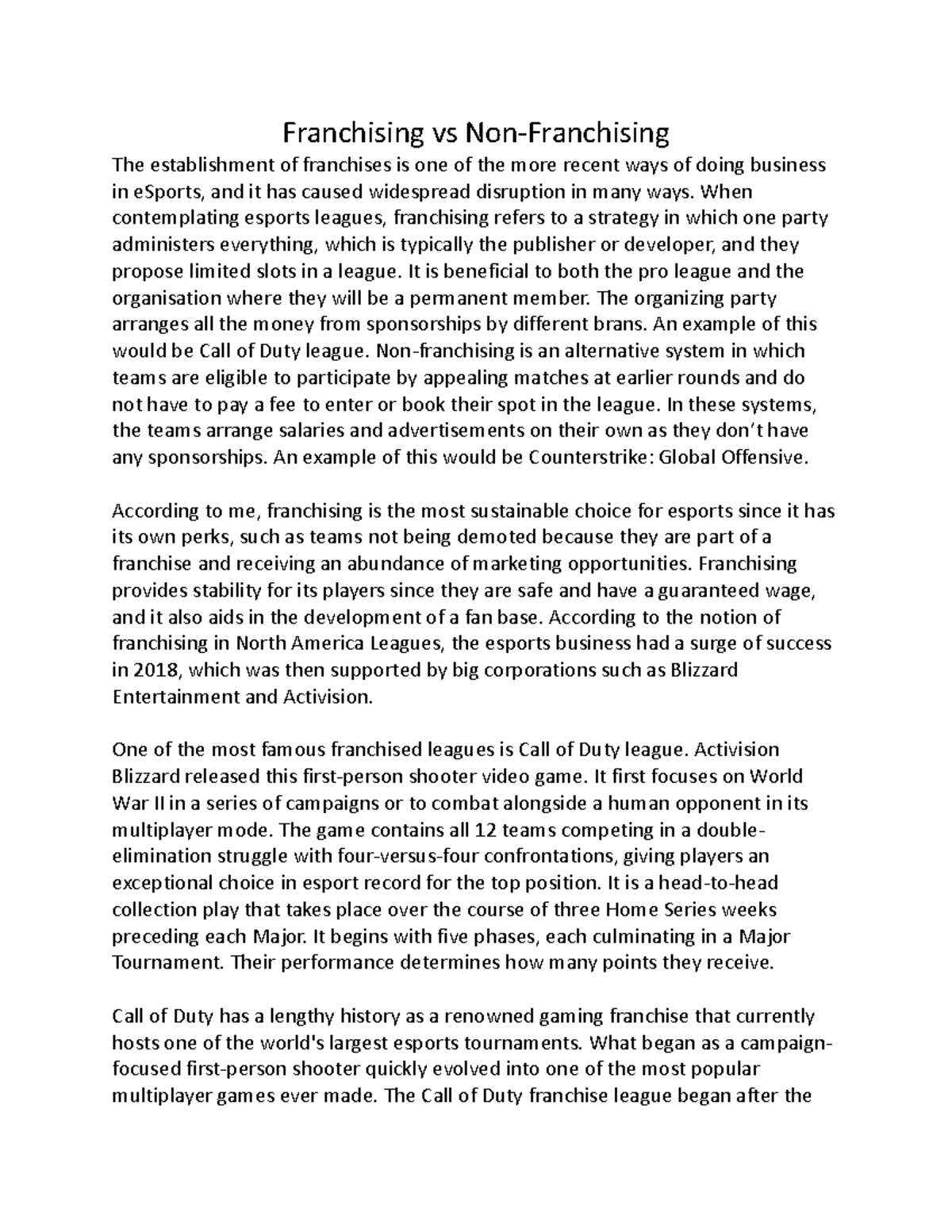 Group assignment 1 - Franchising vs Non-Franchising The establishment ...