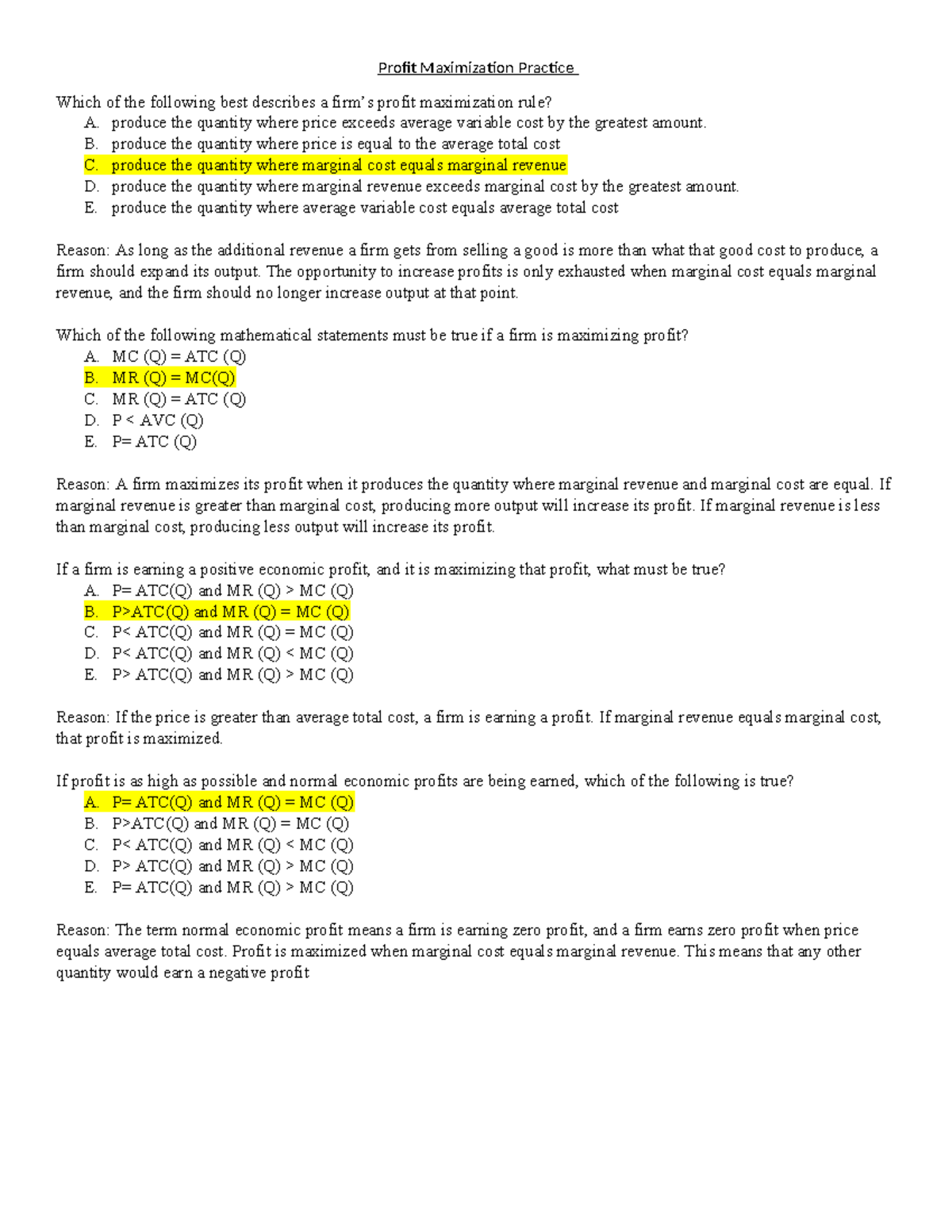 Profit maximization with answers - Profit Maximization Practice Which ...