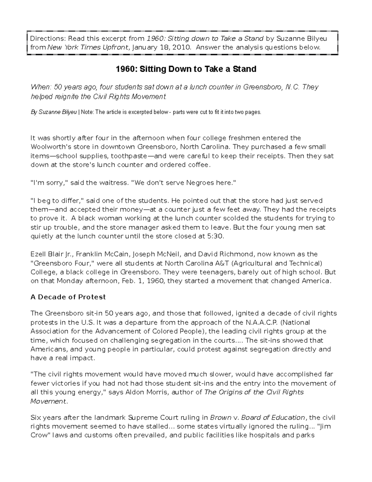 English) Civil Rights Movement Greensboro Sit In Protest - Directions ...