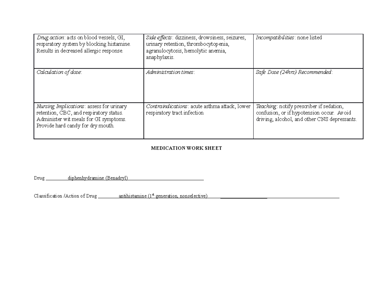 Diphenhydramine (Benadryl) drug sheet - Drug action respiratory system ...
