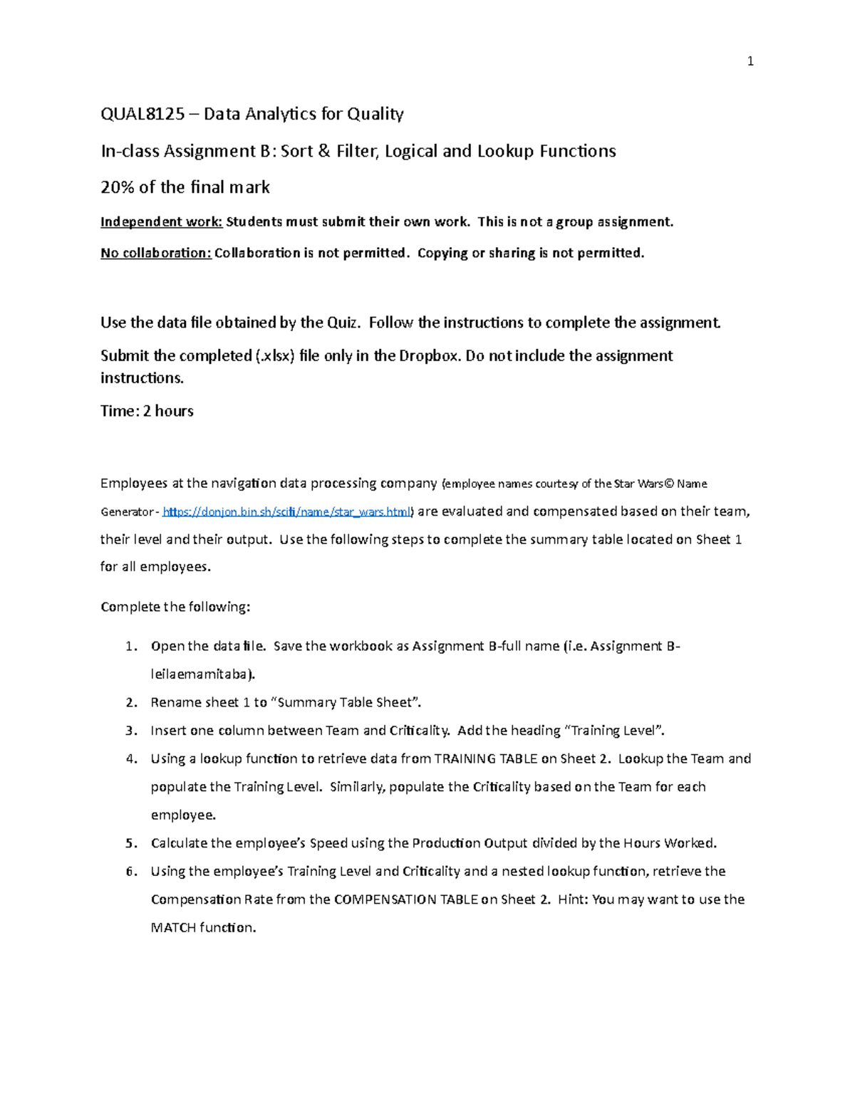 Assignment B Instructions - 1 QUAL8125 – Data Analytics for Quality In ...