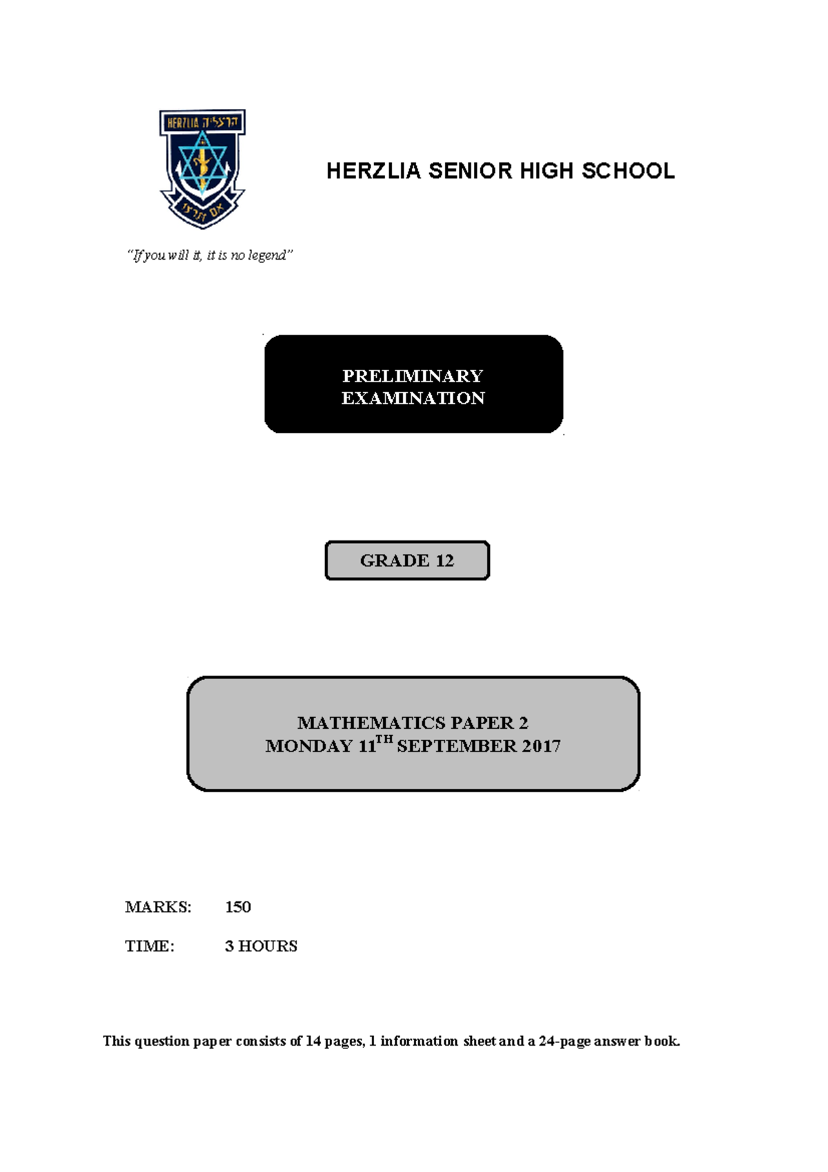 Grade 12 SEP Paper 2 EXAM 2017 - HERZLIA SENIOR HIGH SCHOOL “If you ...