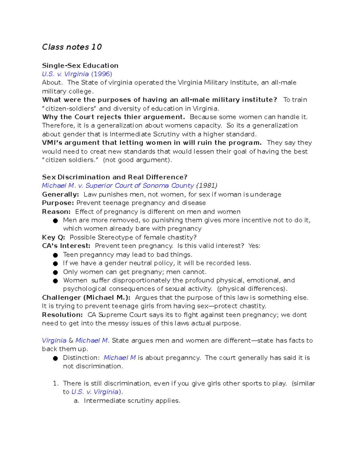 Sex Discrimination 2 Class Notes 10 Single Sex Education U V Virginia 1996 About The 