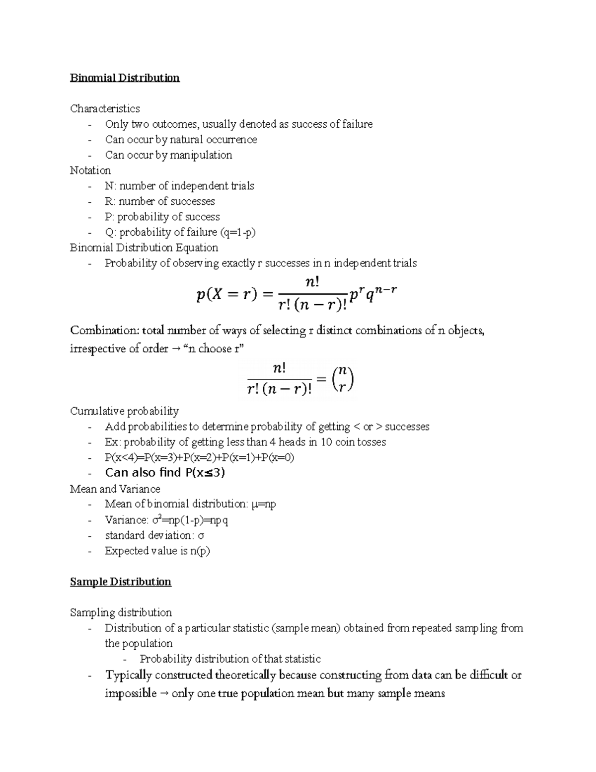 Study Guide Exam 2 Stat - Binomial Distribution Characteristics - Only ...