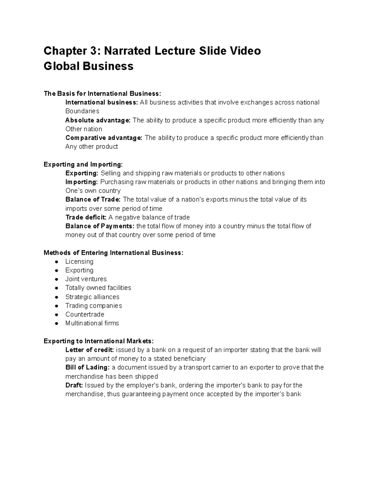 Chapter 3 - Intro notes on business as well as the lecture - Chapter 3 ...