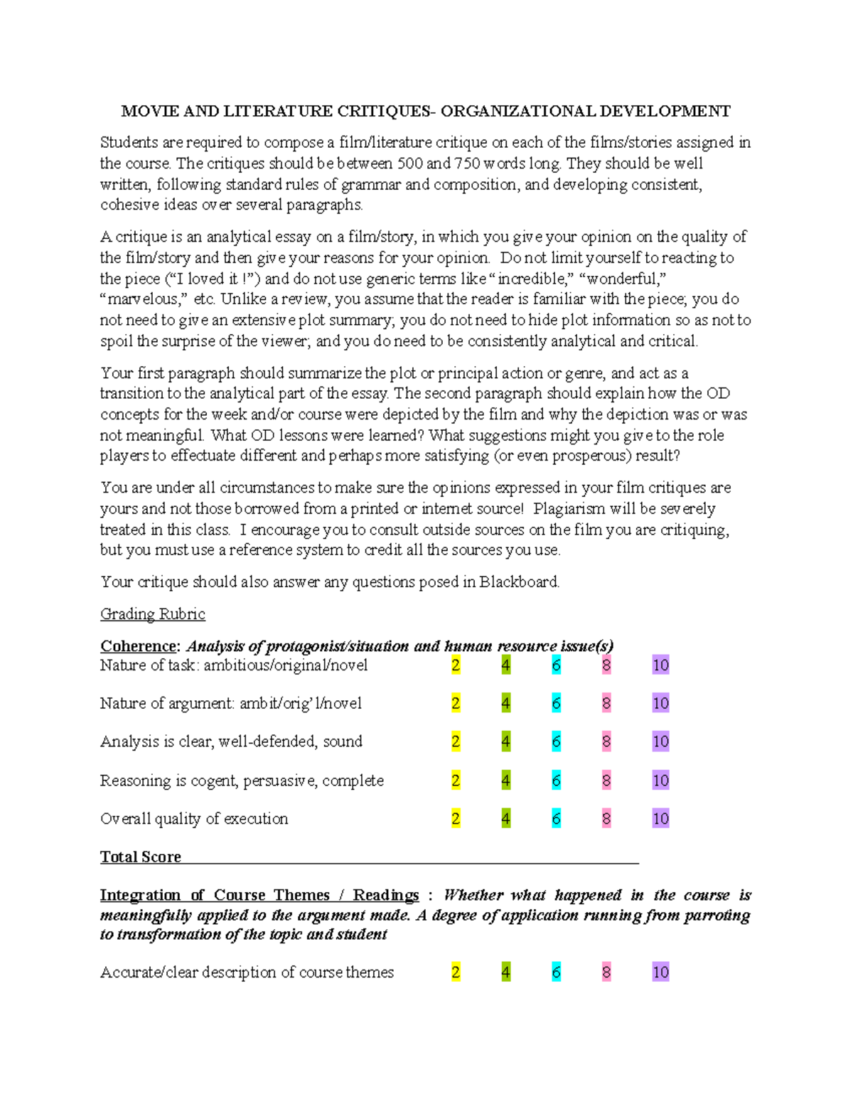 Film Critique Directions and Rubric - MOVIE AND LITERATURE CRITIQUES ...