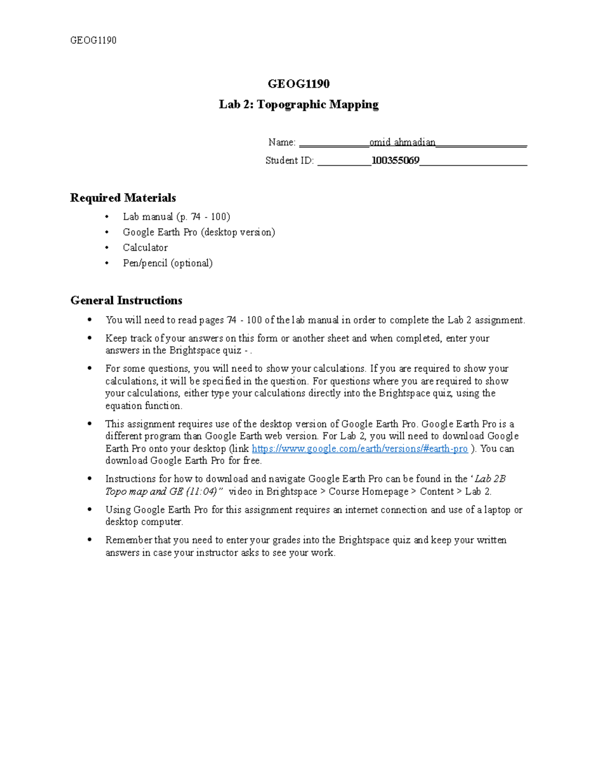 G1190 Lab 2 - 1111 - GEOG Lab 2: Topographic Mapping Name: omid ...