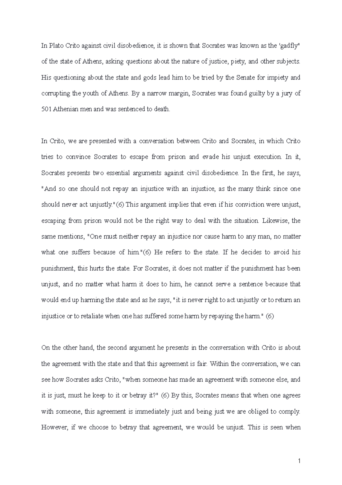 Political Philosophy Essay - In Plato Crito against civil disobedience ...