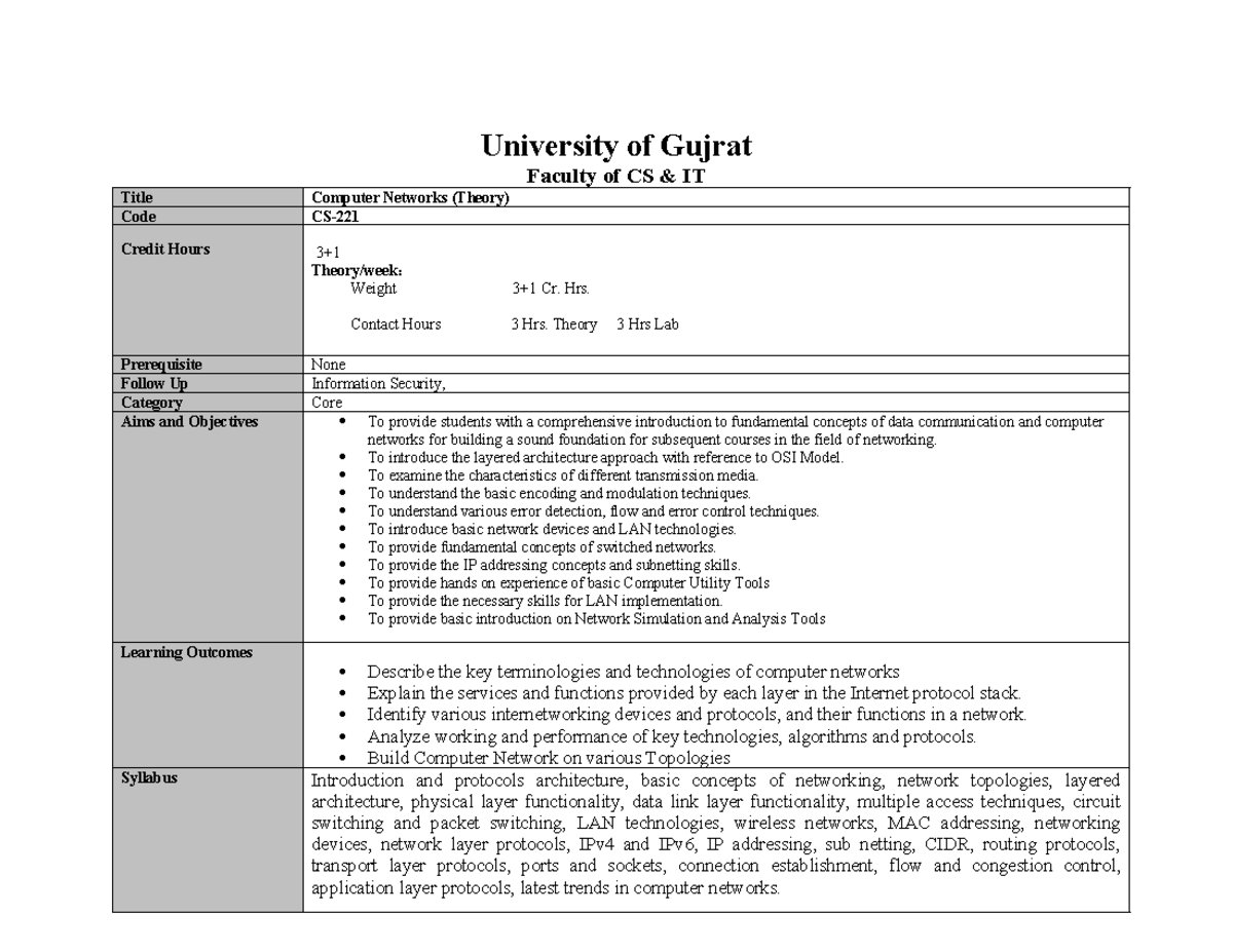 Computer Networks CS-221 - Copy - University of Gujrat Faculty of CS & IT Title Computer - Studocu