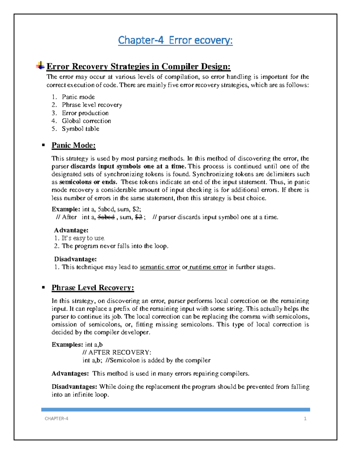 Chapter-4 Error Recovery compiler design - CHAPTER-4 1 Chapter- 4 Error ...